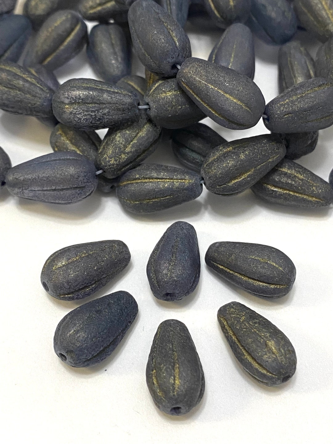 15x8mm Melon Drop Indigo With Etched Picasso and Gold Finishes (10 ...