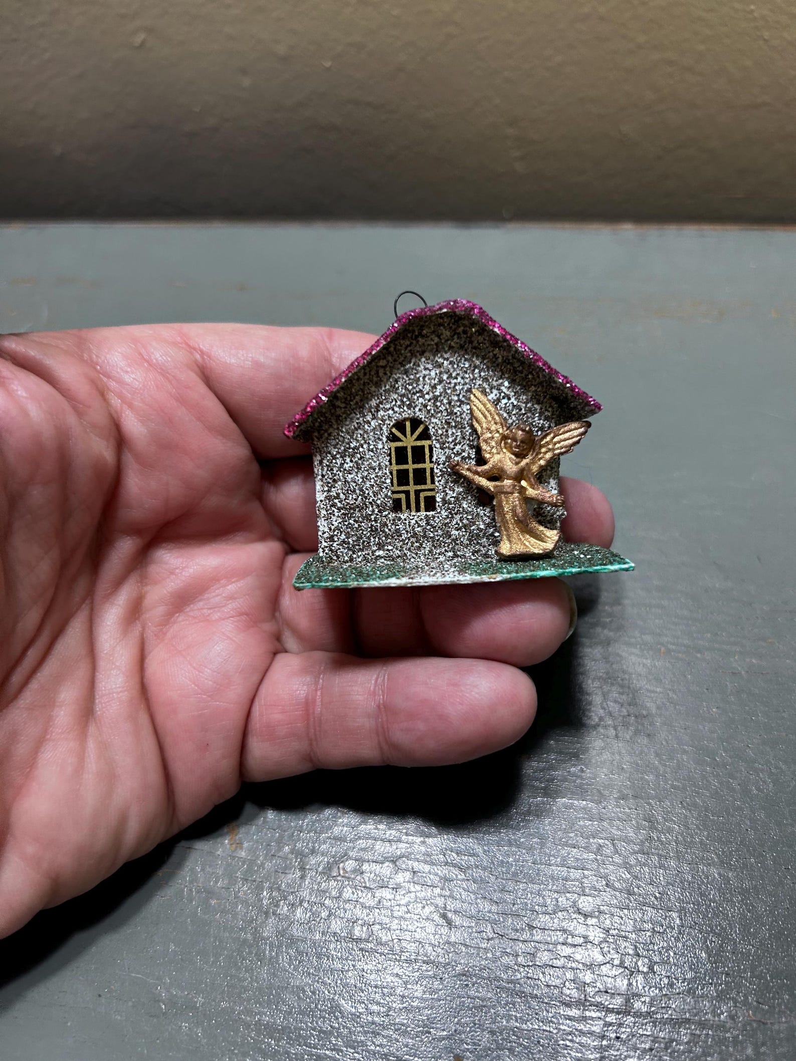 Small Vintage Mica Glitter Cardboard Putz House / Ornament ~ Angel at ...