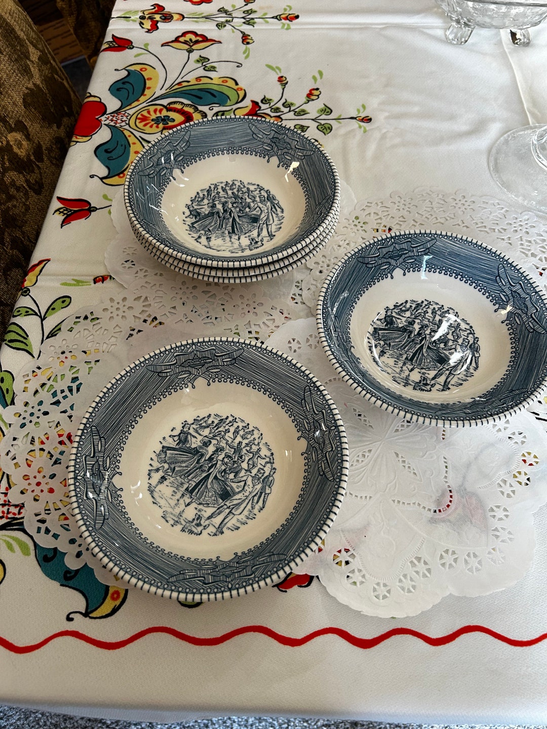 Vintage Currier and Ives Blue & White Coupe Cereal Bowls ~ Nelson Mccoy ...