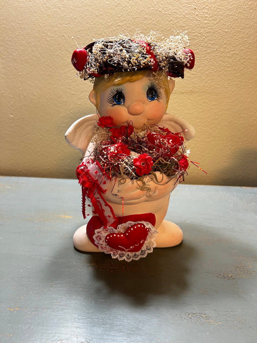 Hand Painted Vintage Ceramic Valentine Cupid Figure~ Cupid With a Heart ...