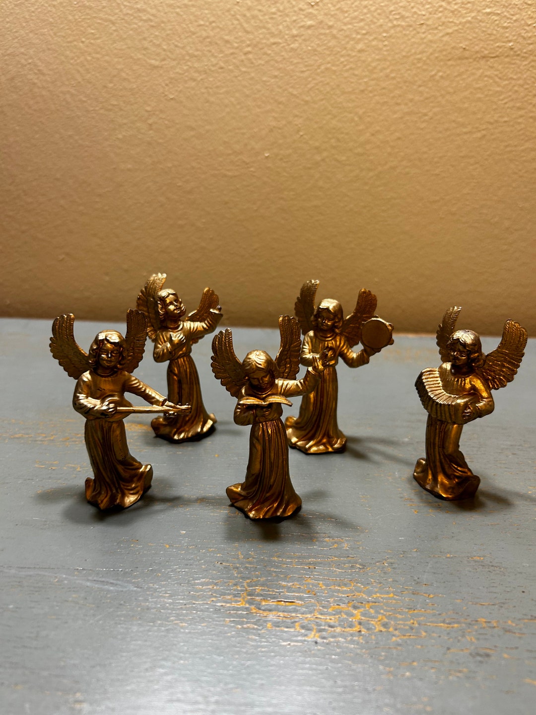 Vintage Lot of 5 Gold Putz Angel-playing Instruments ~ Resin 3” Figures ...