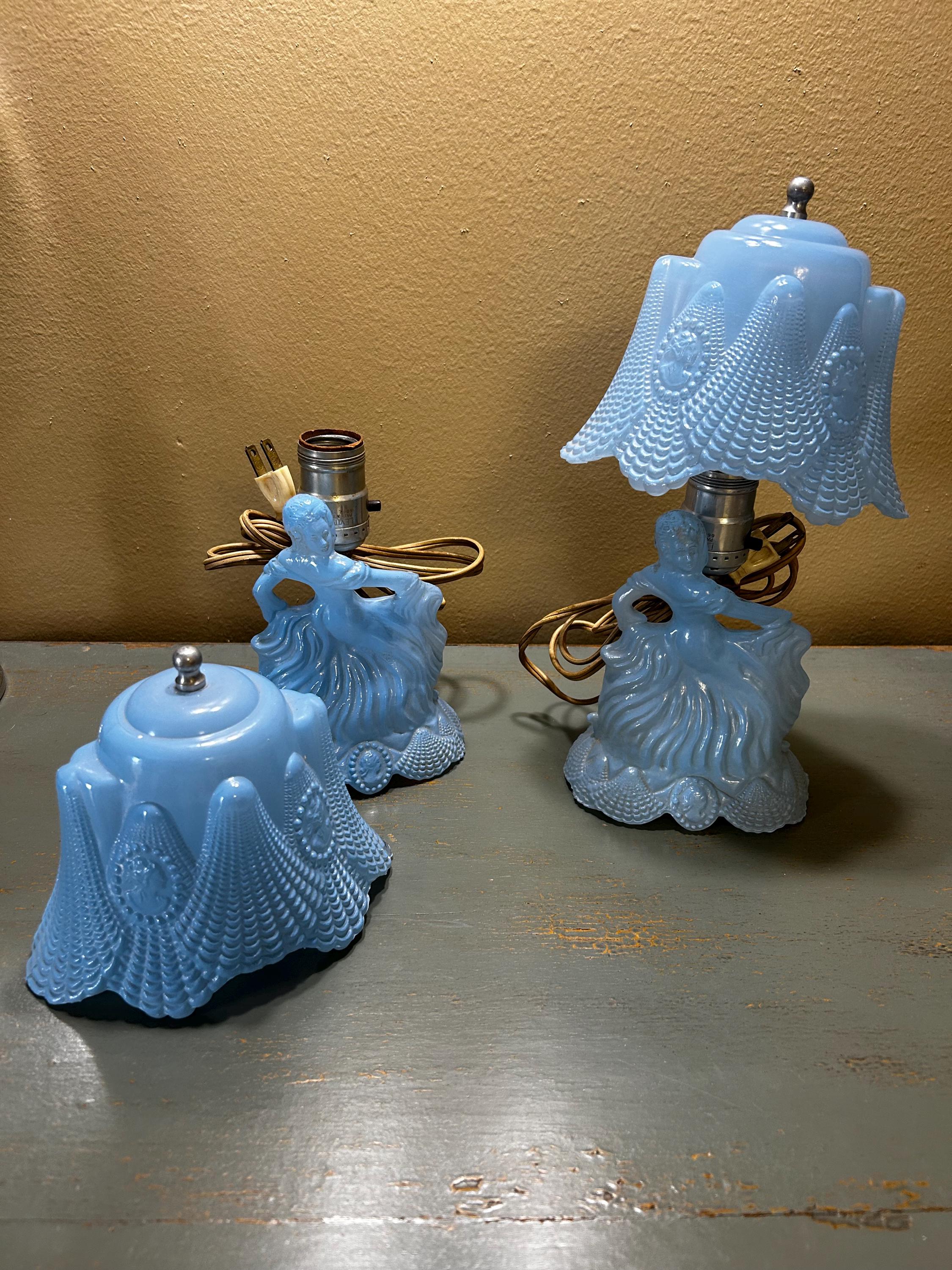 Rare Pair of Vintage 1930s Blue Glass Cameo Girl Lamps With Matching ...