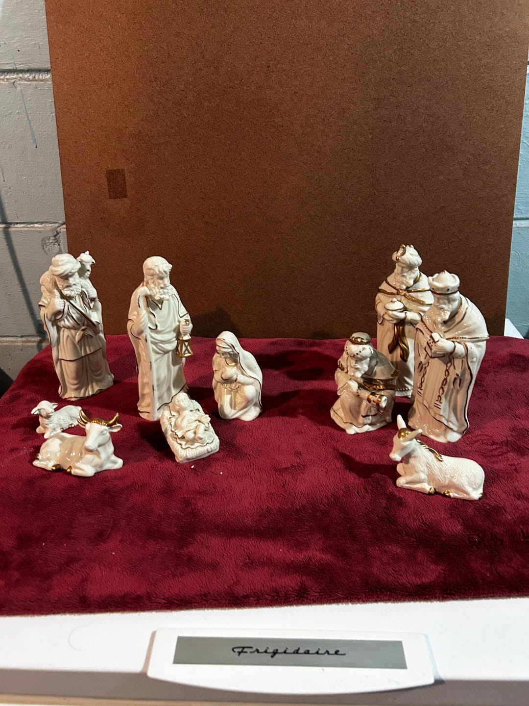 Vintage Hand Painted Large Scale Figure Porcelain Nativity Set ~ White With Gold Accent Colors ...