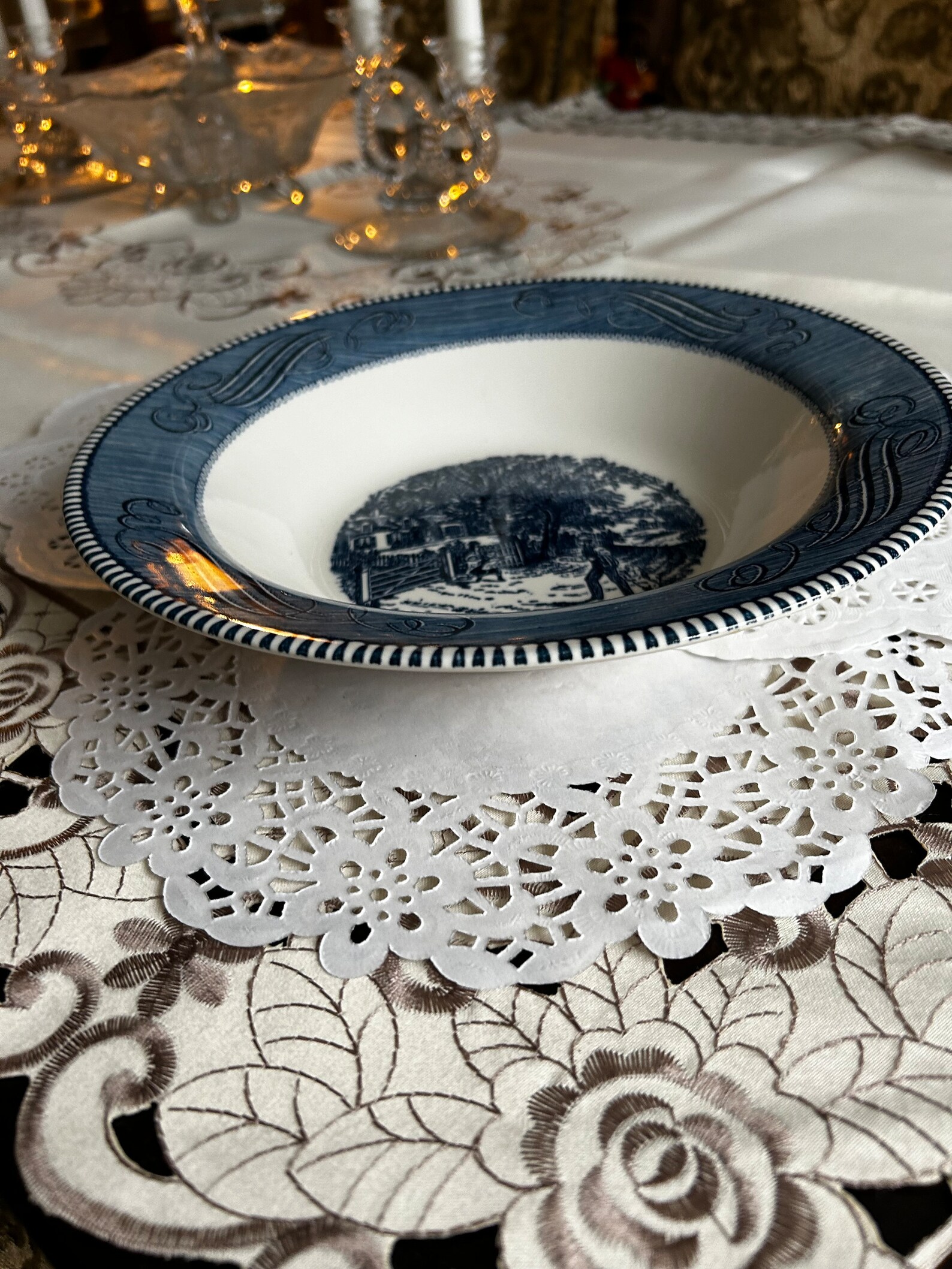 Vintage Currier and Ives Blue & White 10.25" Round Vegetable Bowl ...