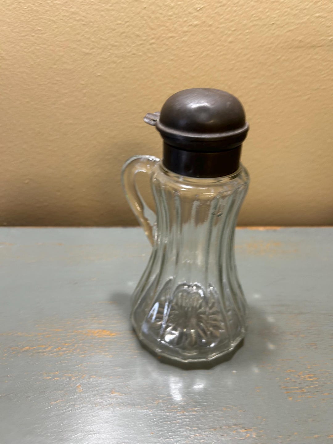 Vintage Clear Depression Glass Syrup Pitcher With Nice Metal Working ...