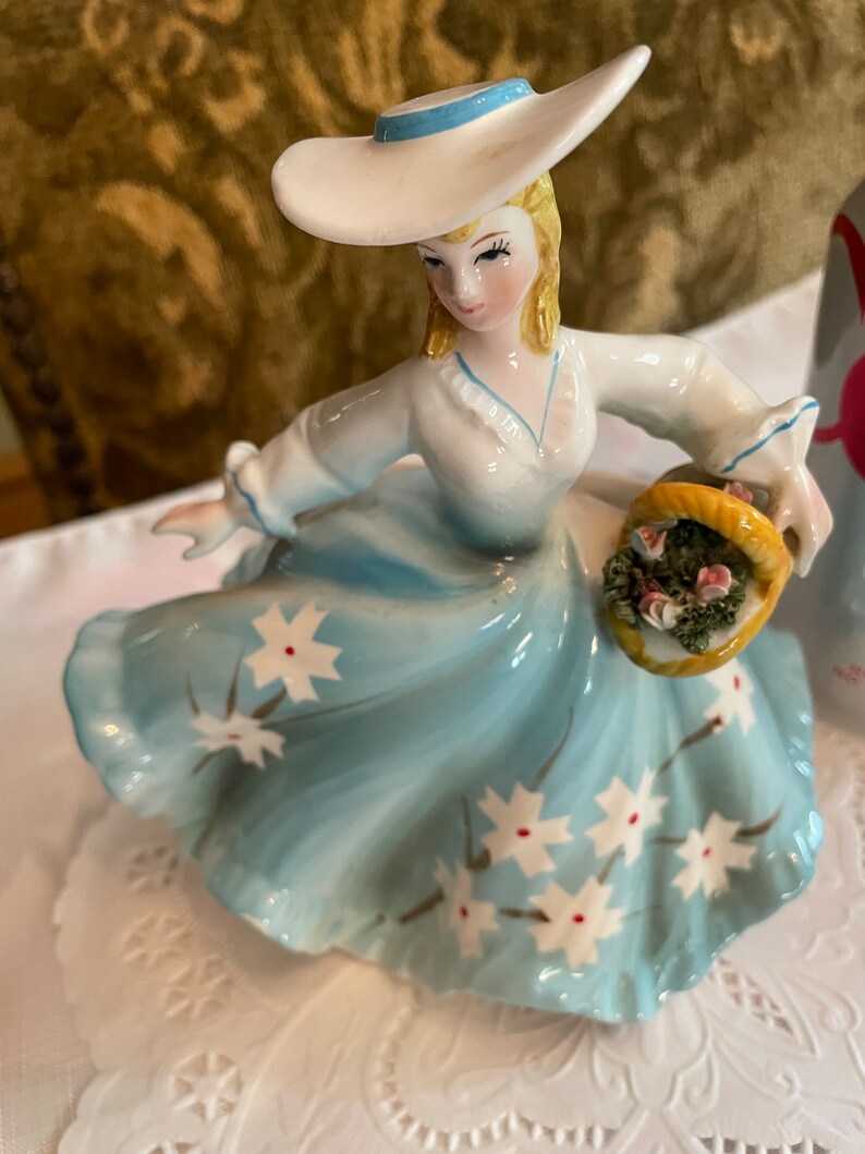 Vintage Lefton Lady in Blue Floral Gown & Bonnet Planter Vase - Etsy