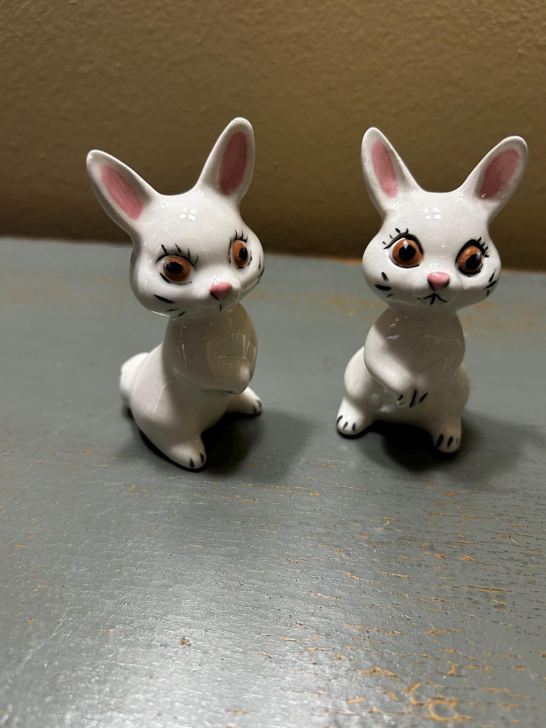 Two Charming Vintage Hand Painted Ceramic Easter Bunny Figures With Big ...