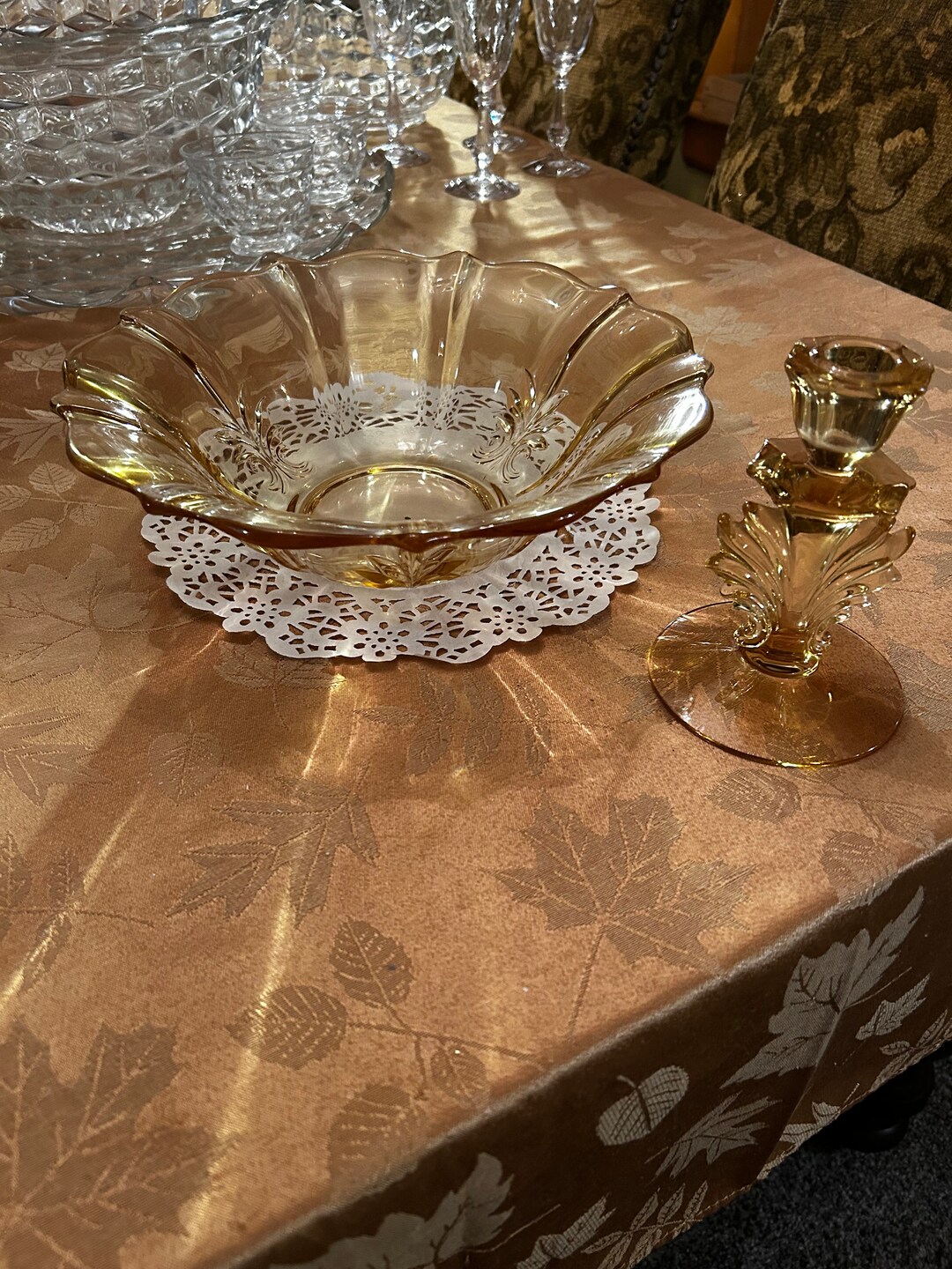 Rare Vintage Topaz Yellow Fostoria Baroque Candleholder & Console Bowl ...