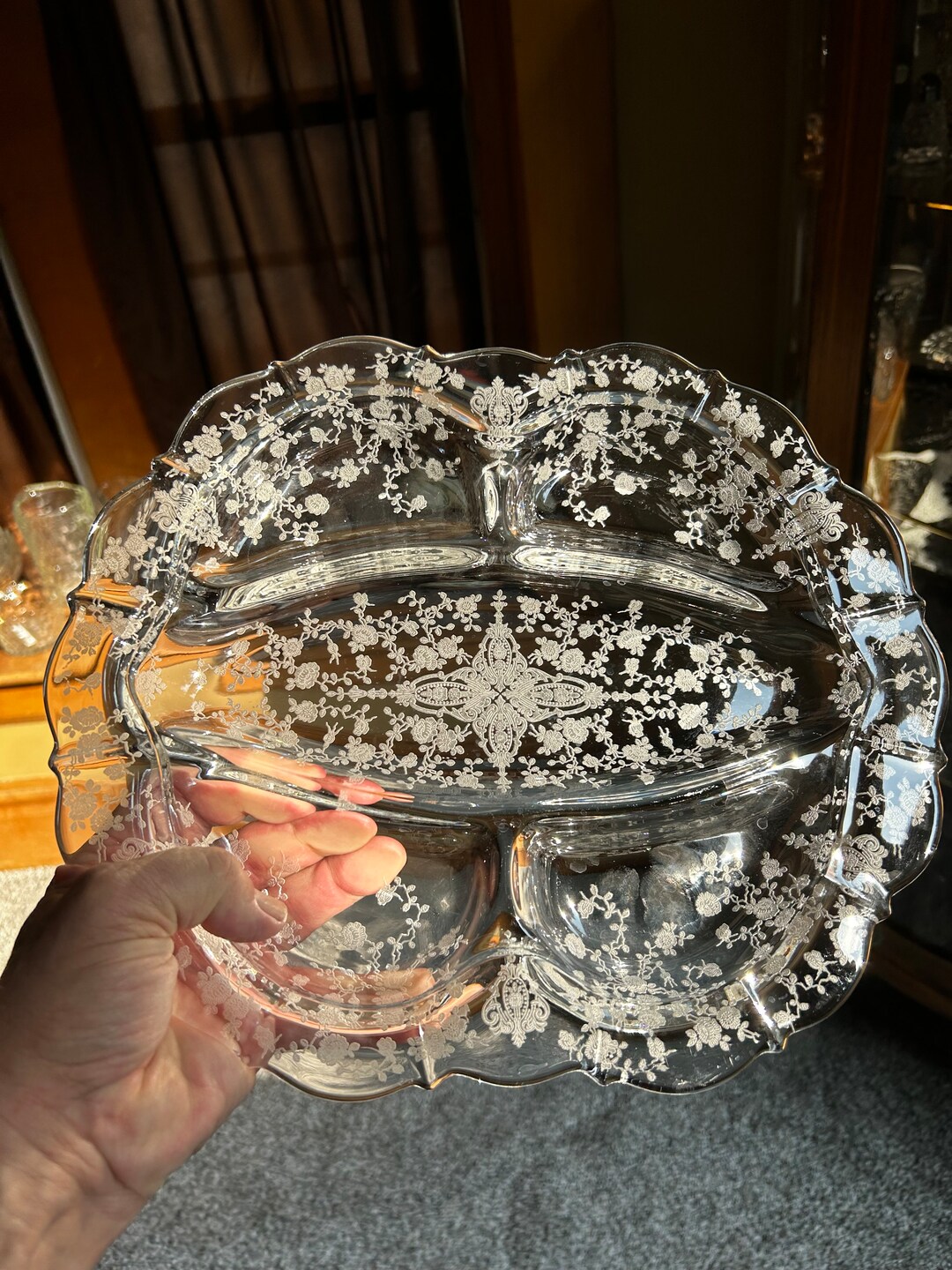 Beautiful Cambridge Clear Glass Rose Point 12" Oblong 5 Part Relish ...