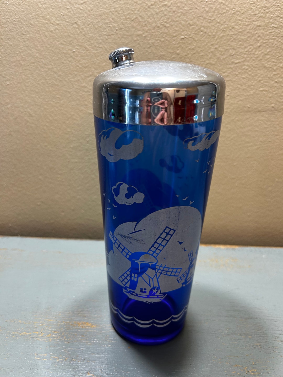 Rare Cobalt Blue Art Deco Windmill Glass Cocktail Shaker With Chrome ...