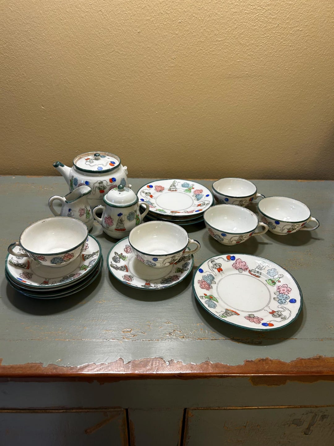 Charming Vintage Childs Tea Set Children at Play With Balloons 1940s ...