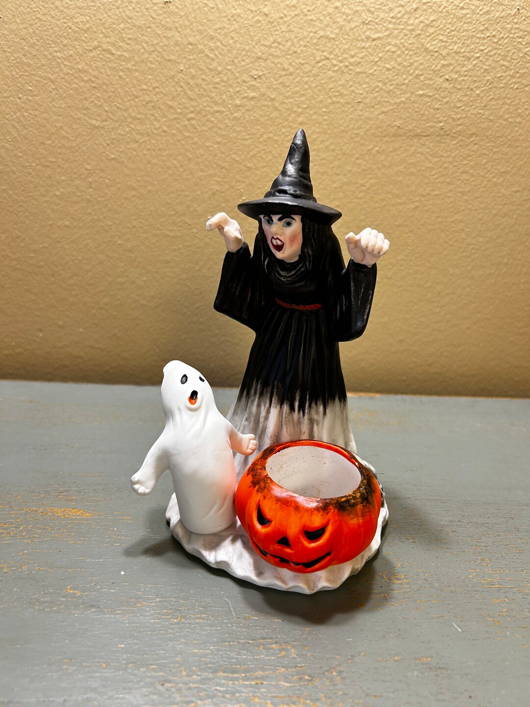 Scary Vintage Halloween Ceramic Witch Figure & Pumpkin Caldron ~ Hand ...