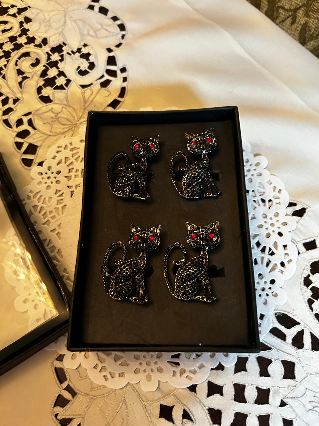 Vintage Halloween Black Cat Napkin Rings ~ Nice Rhinestone Encrusted ...