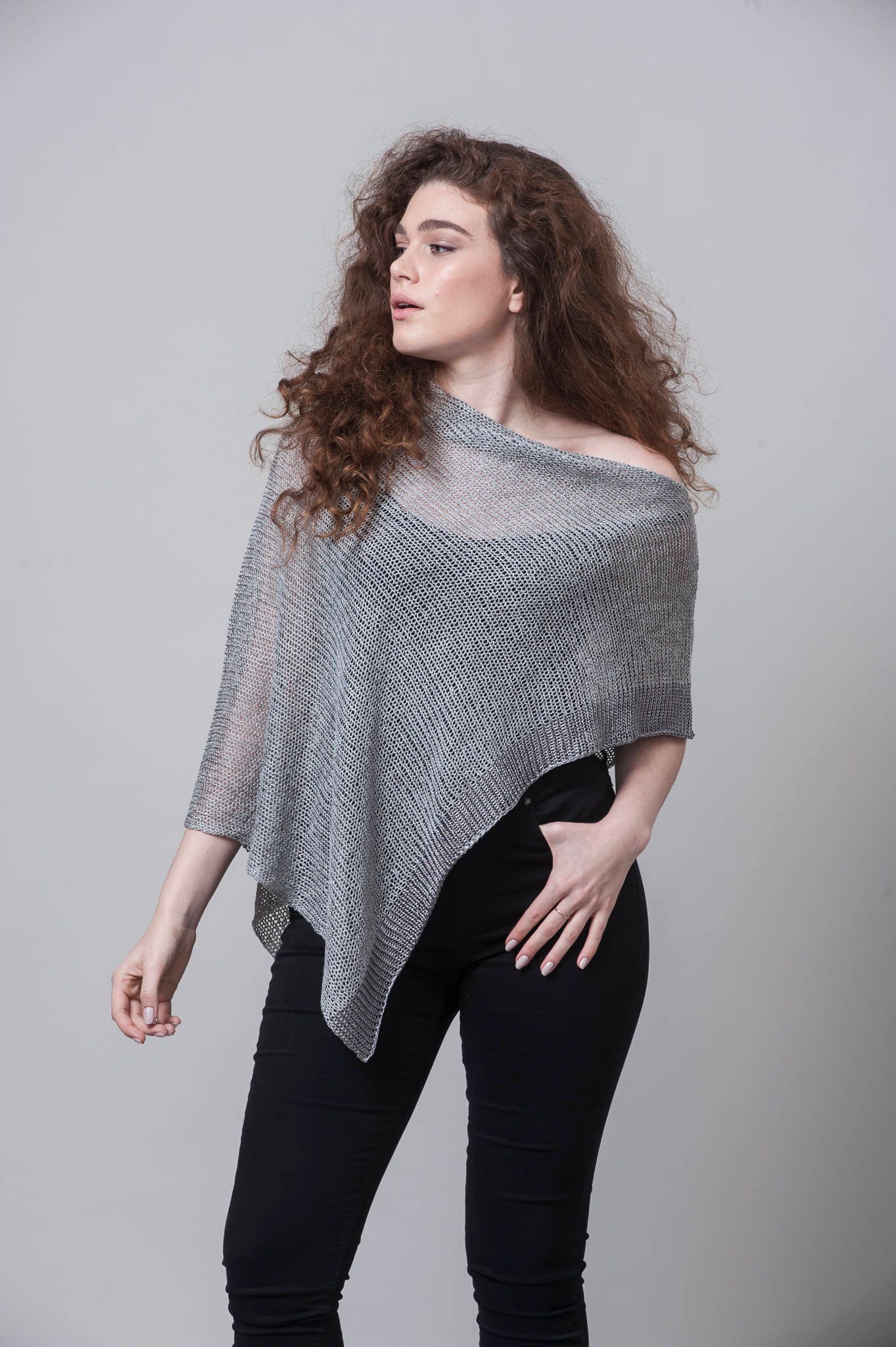 Fashion Knit, Boho Top, Silver Top, Loose Top, Cover Up, Cape, Knit ...