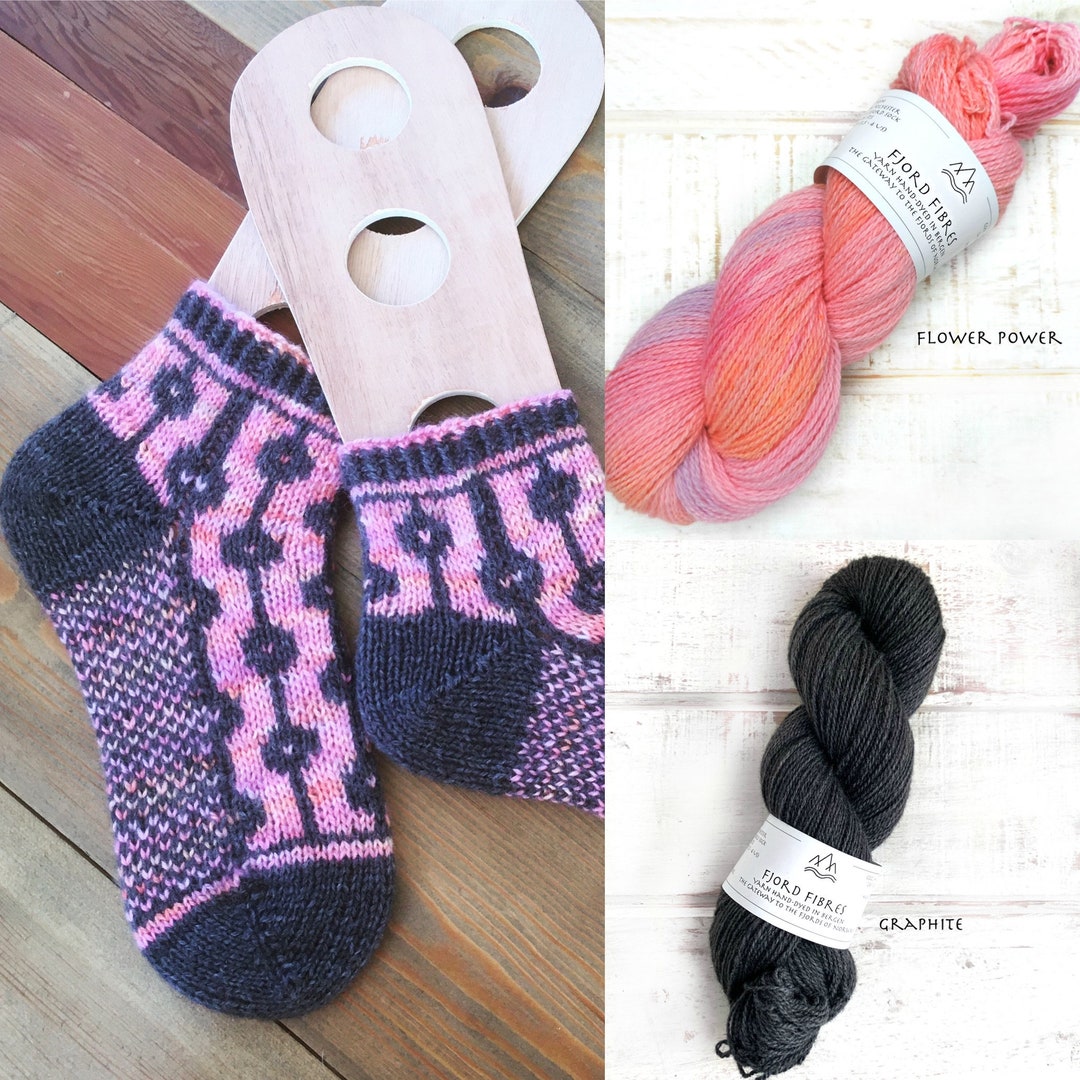 Dotted Line Sock Kit Flower Power/graphite Yarn and Printed Pattern in ...