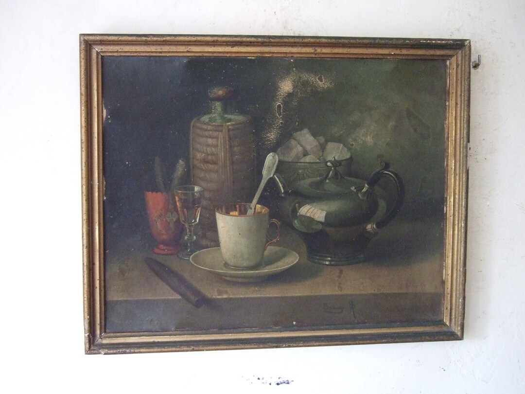 ANTIQUE FRENCH Oil Painting Chromo Lithographie Oleograph Still Life ...