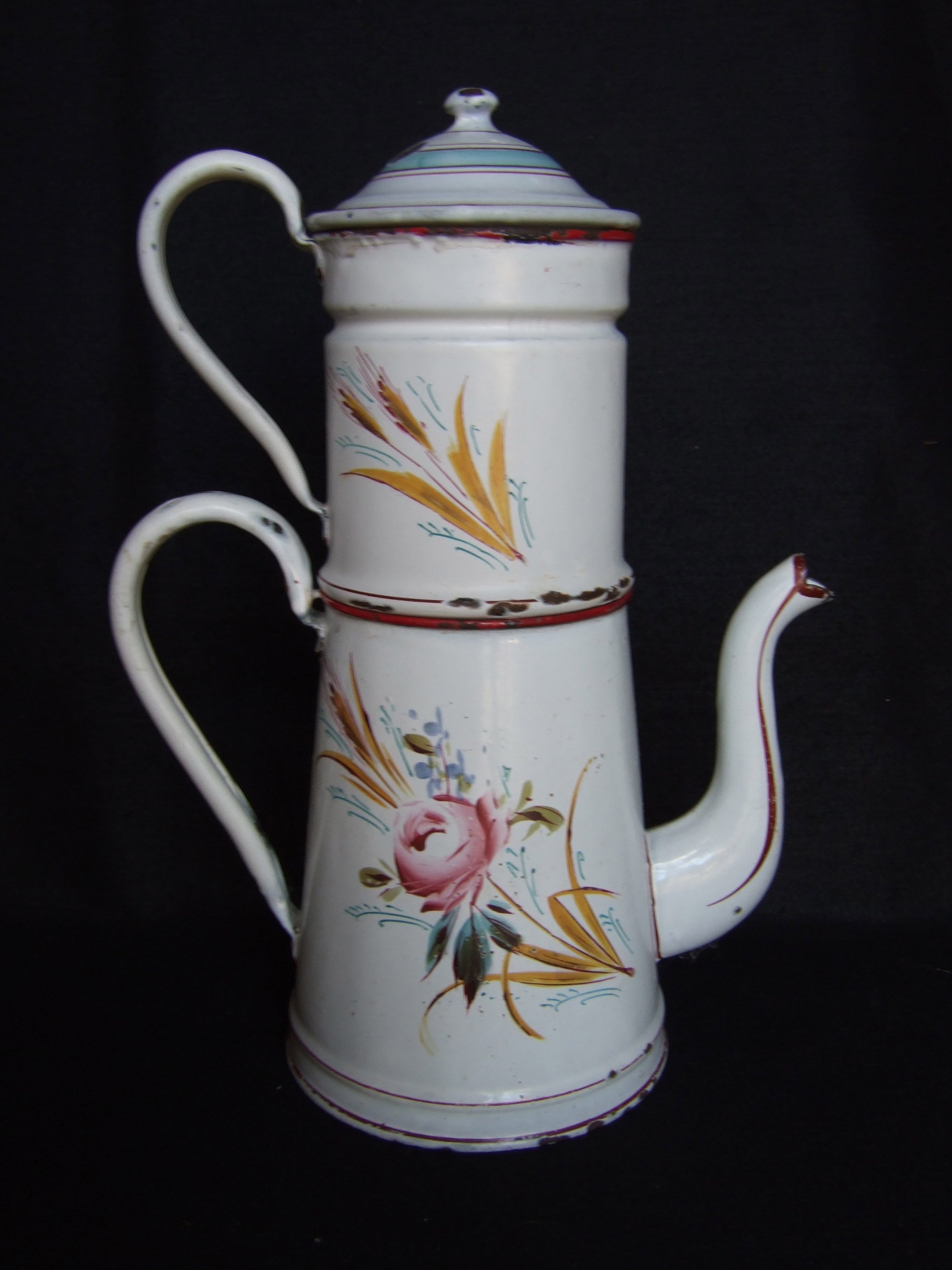 ANTIQUE VINTAGE FRENCH Enamelware, Graniteware, Biggin Coffee Pot With ...