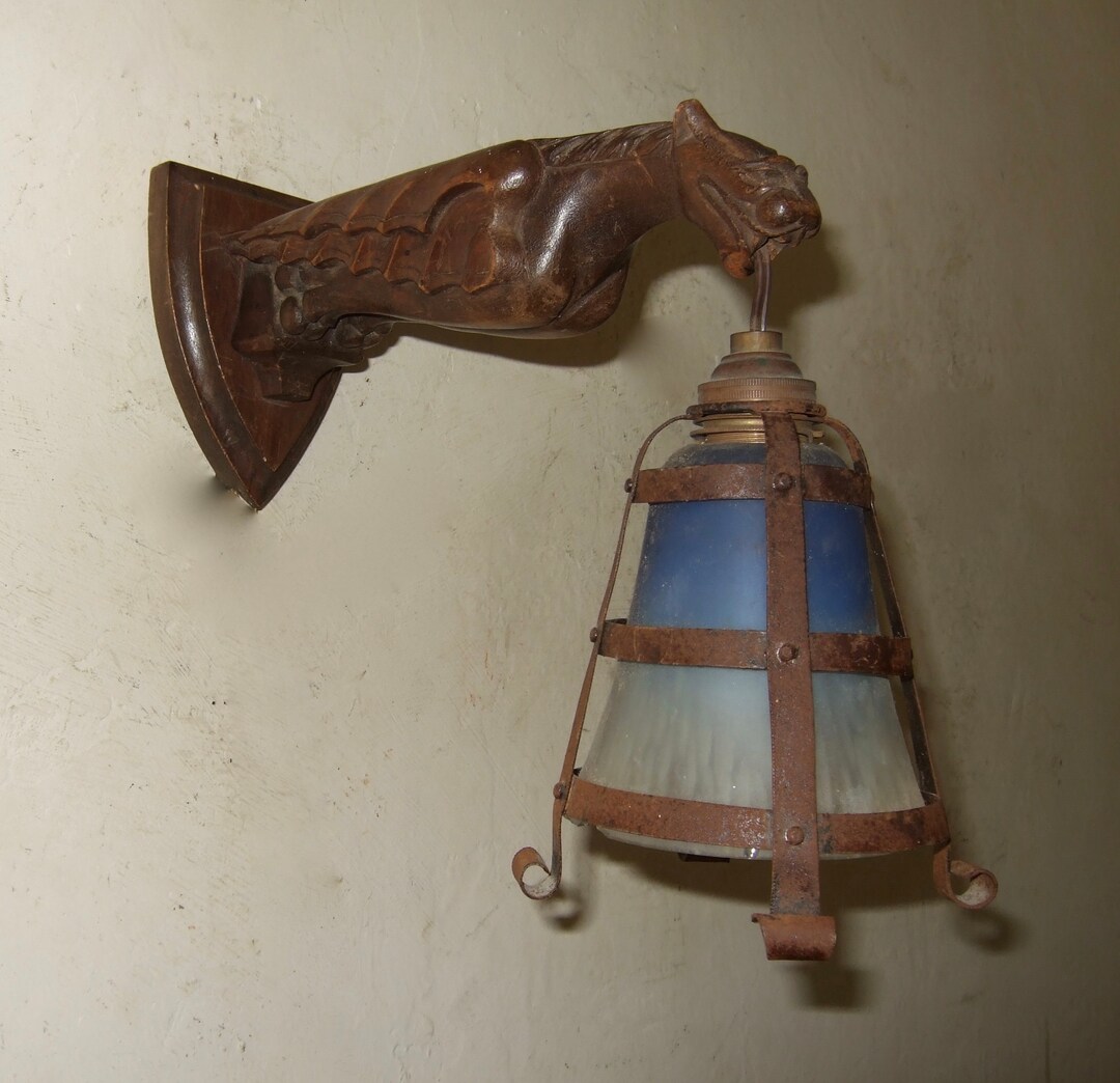 Antique French Gothic Carved Griffin With Iron and Glass Shade Wall ...