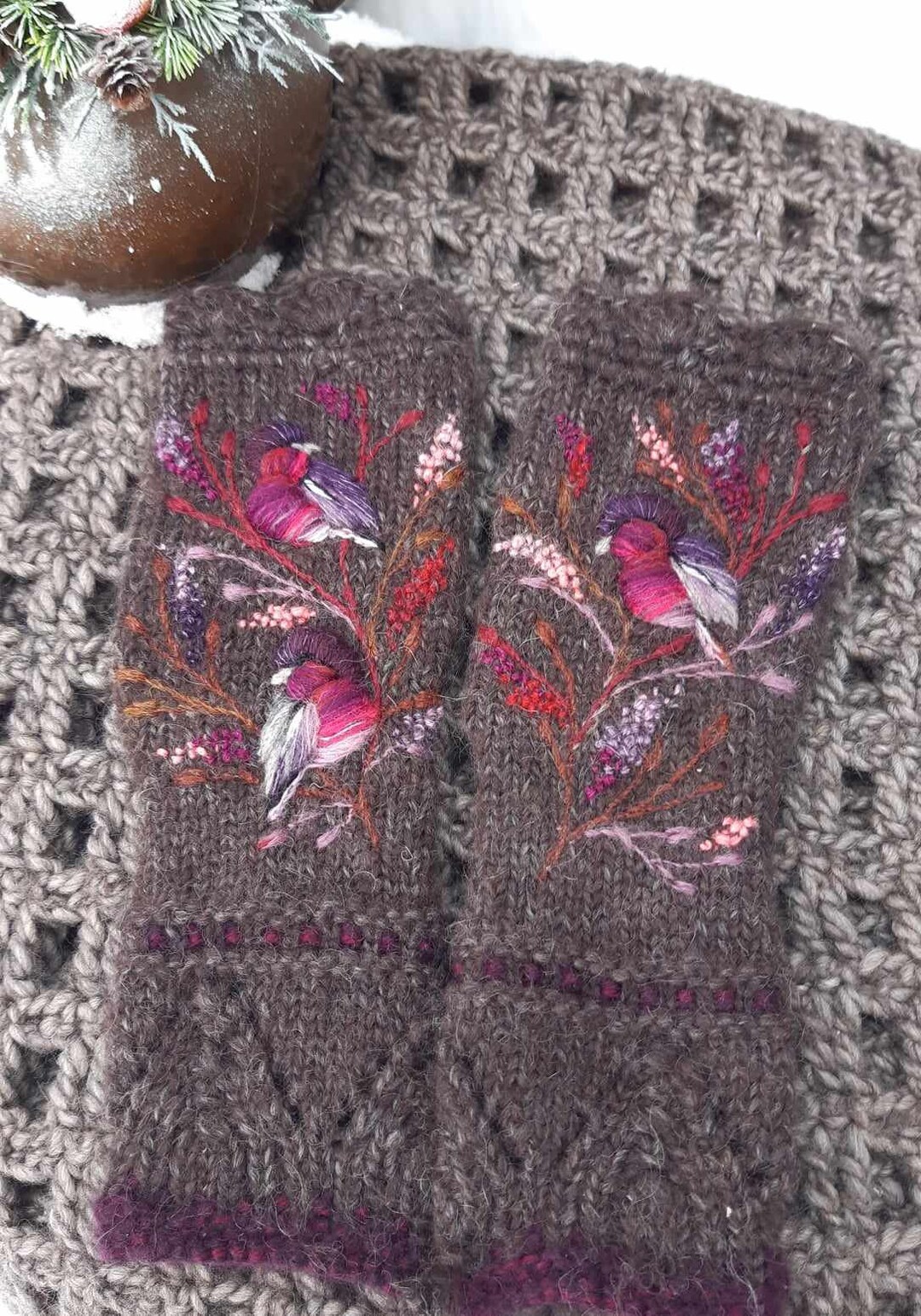 Hand Knitted Fingerless Mittens With Embroidery Bird and Scottish ...