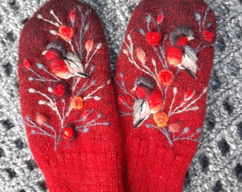 Knitted and Felted Lined Winter Mittens With Embroidery Owl and ...