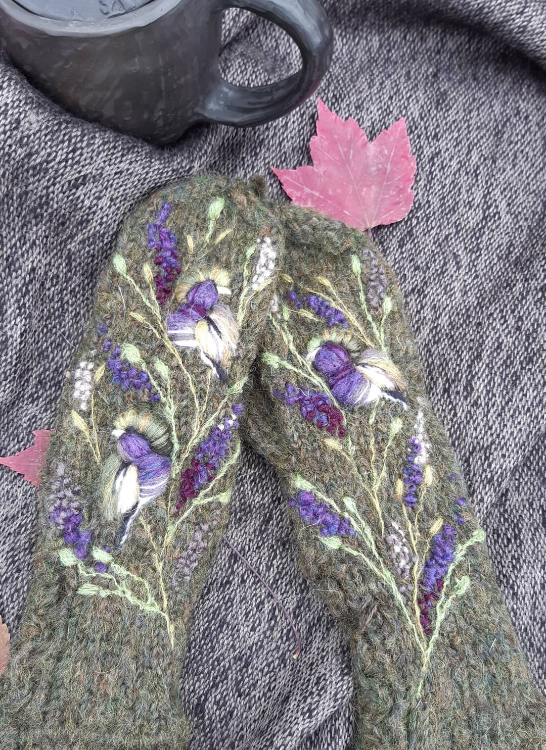 Hand Knitted Merino Wool Mittens With Embroidery Birds and Scottish ...