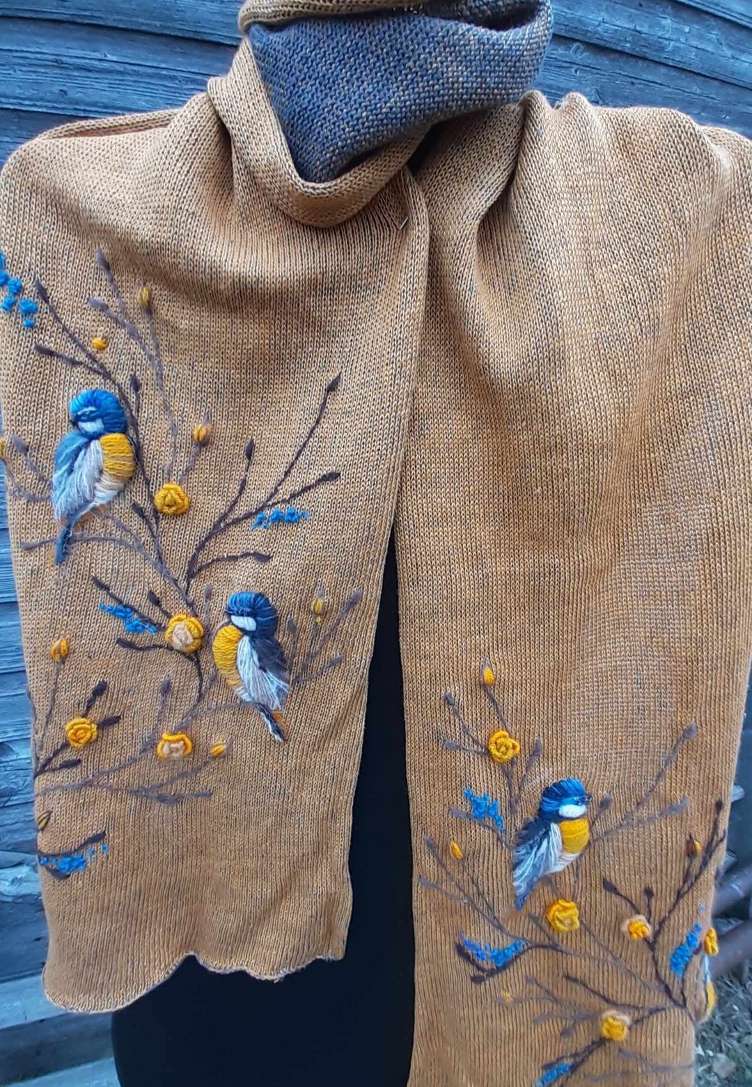 Embroidered Linen Scarf With Birds,spring Accessories,eco Friendly ...