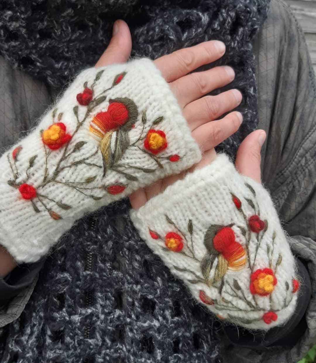 Hand Knitted Fingerless Mittens With Embroidery Bird and Roses,arm ...