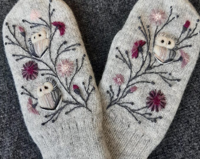 Knitted and Felted Lined Winter Mittens With Embroidery Owl and ...