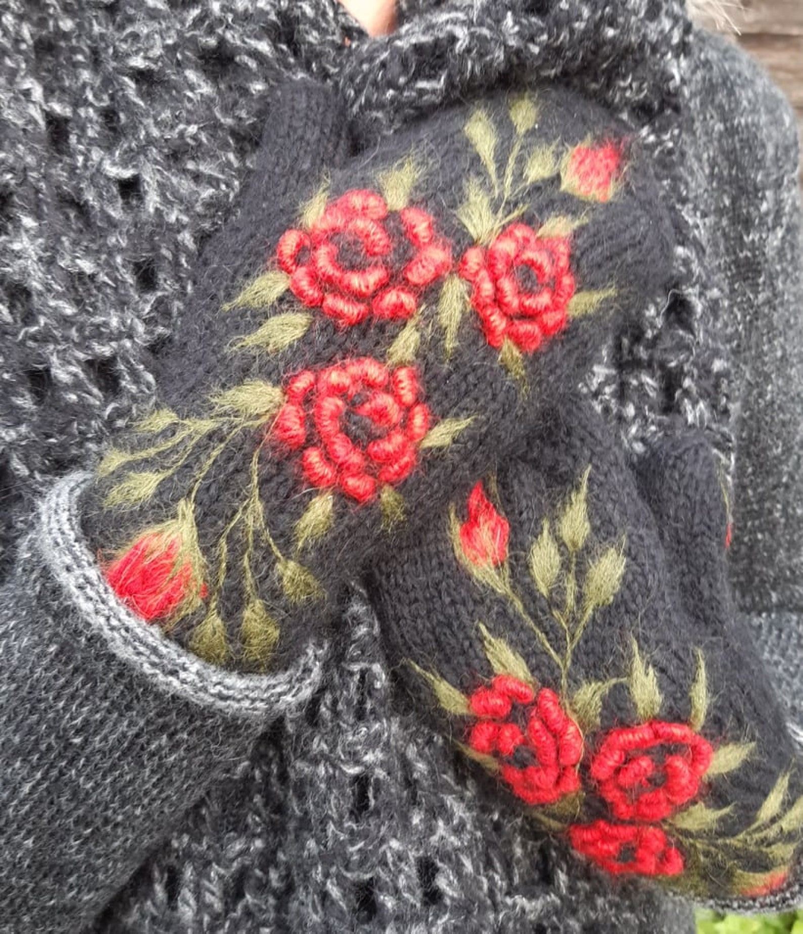 Merino Wool Lined Winter Mittens With Embroidery Roses,wool Knitted ...