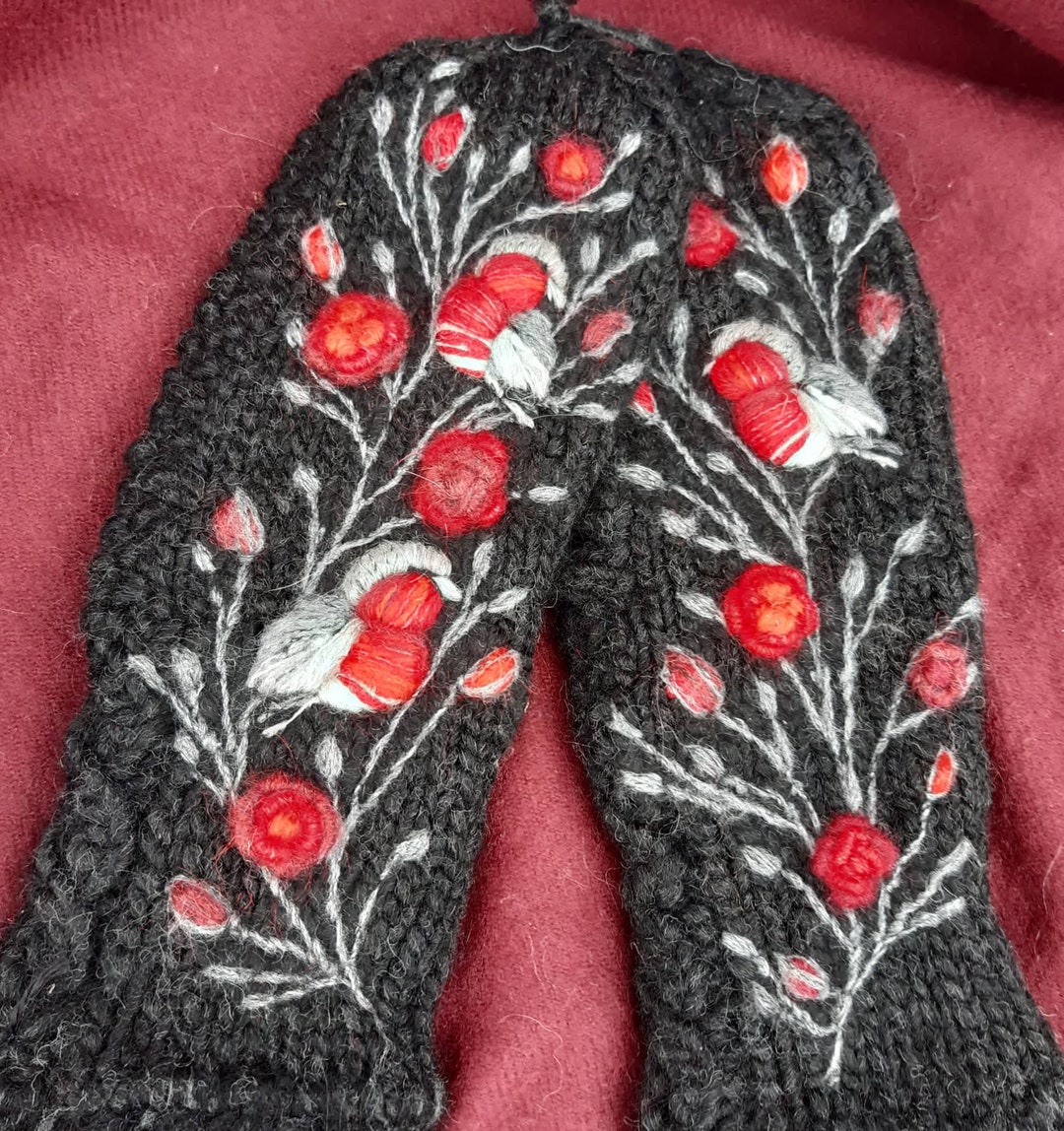 Hand Knitted Merino Wool Mittens With Embroidery Birds and Roses,soft ...