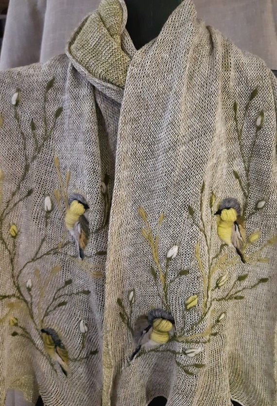 Embroidered Linen Scarf With Birdsspring Accessorieseco | Etsy