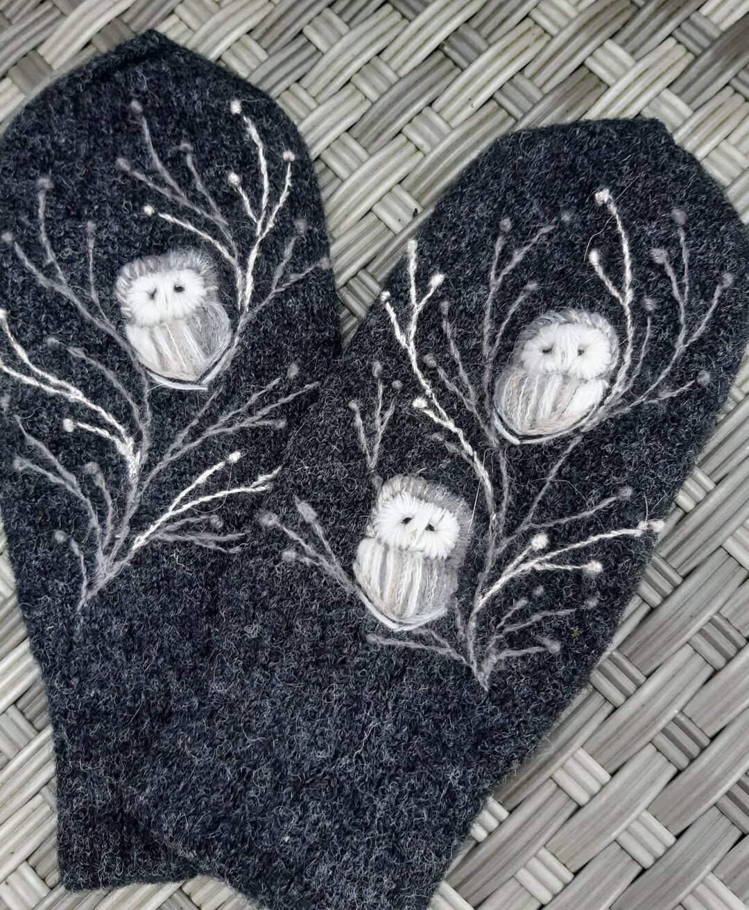 Merino Wool Lined Winter Mittens With Embroidery Owl,wool Double ...