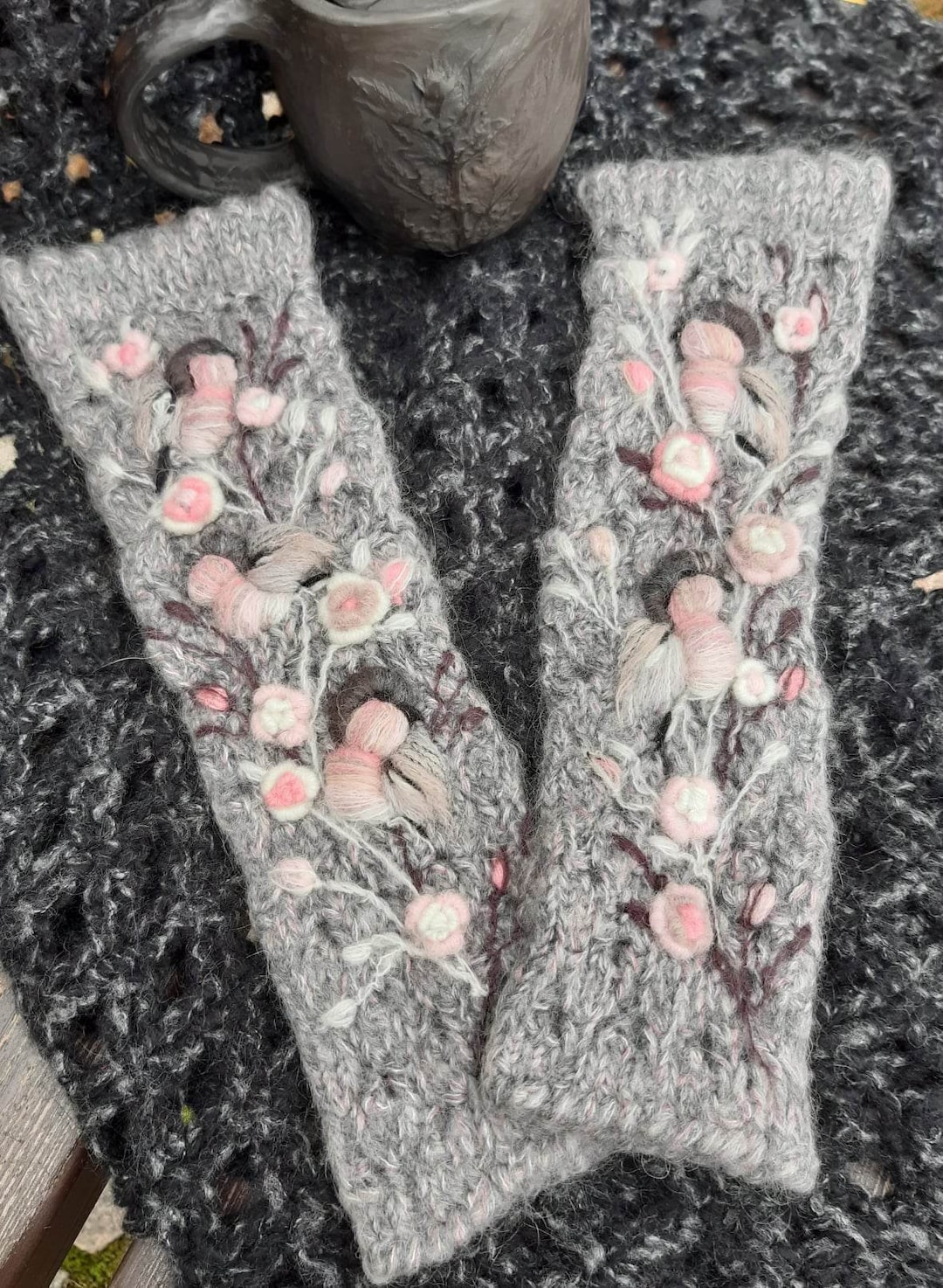 Hand Knitted Fingerless Mittens With Embroidery Bird and Roses ...