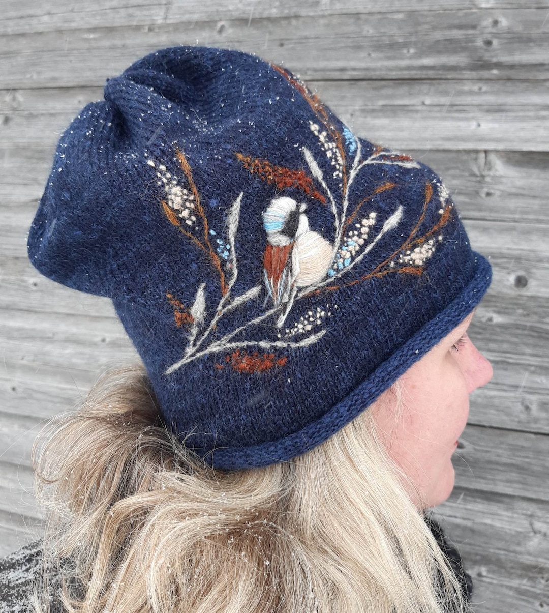 Hand Knitted Winter Mittens With Embroidery Bird and Scottish Heather ...