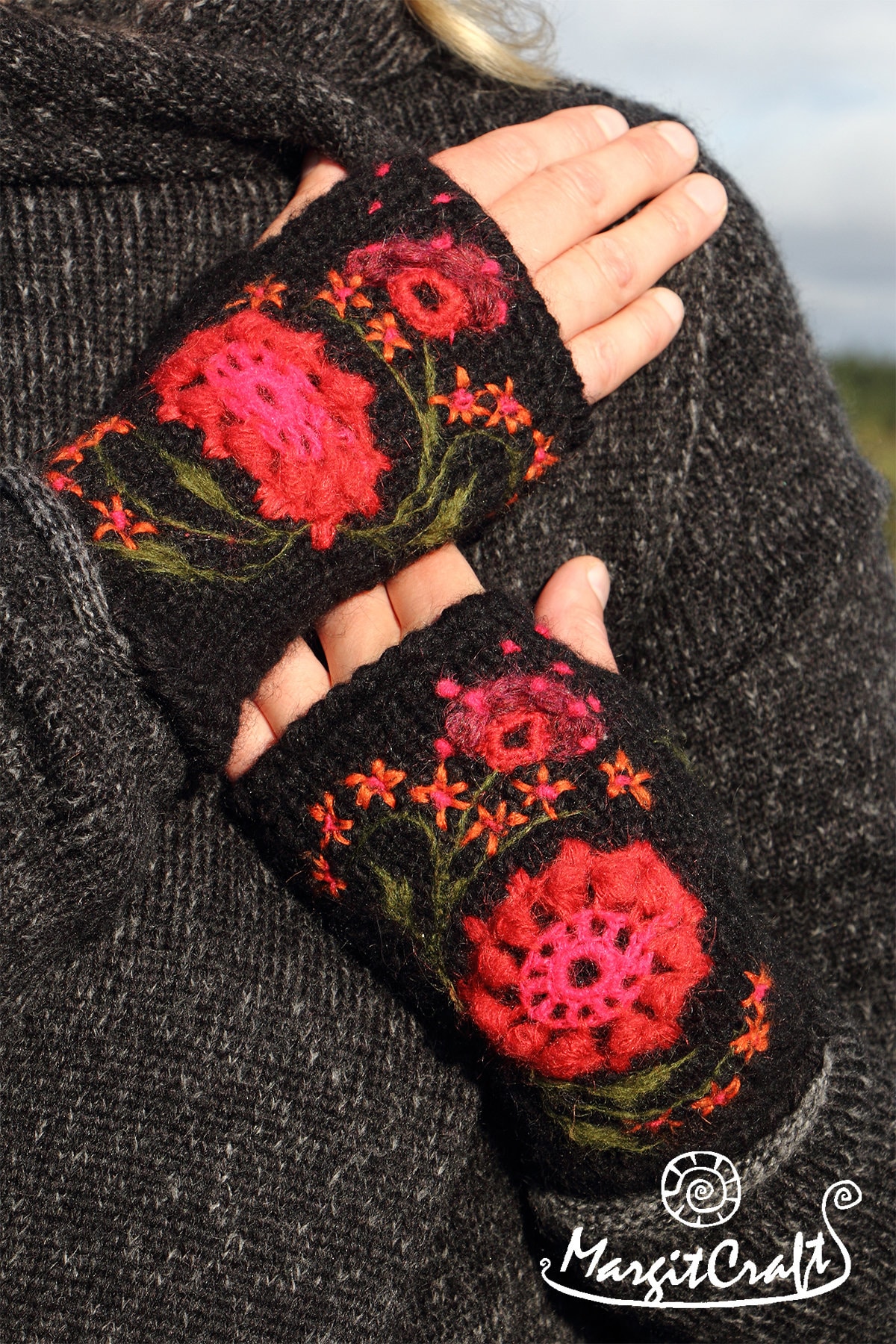 Hand Knitted Fingerless Mittens With Folkart Embroidery,winter ...