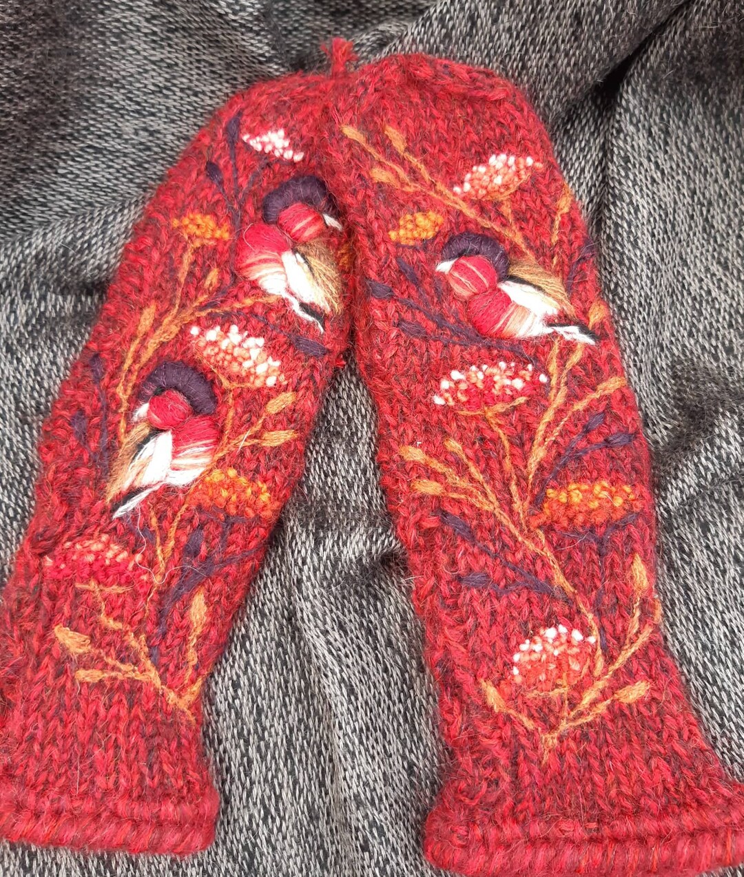 Hand Knitted Mittens With Embroidery Bird,winter Accessories,gift for ...