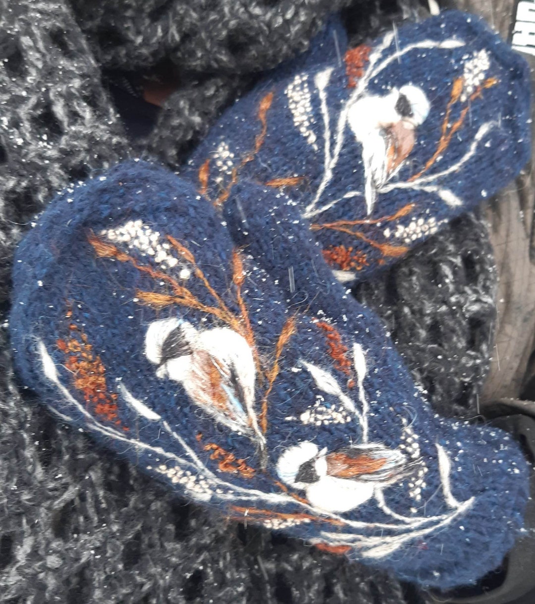 Hand Knitted Winter Mittens With Embroidery Bird and Scottish Heather ...