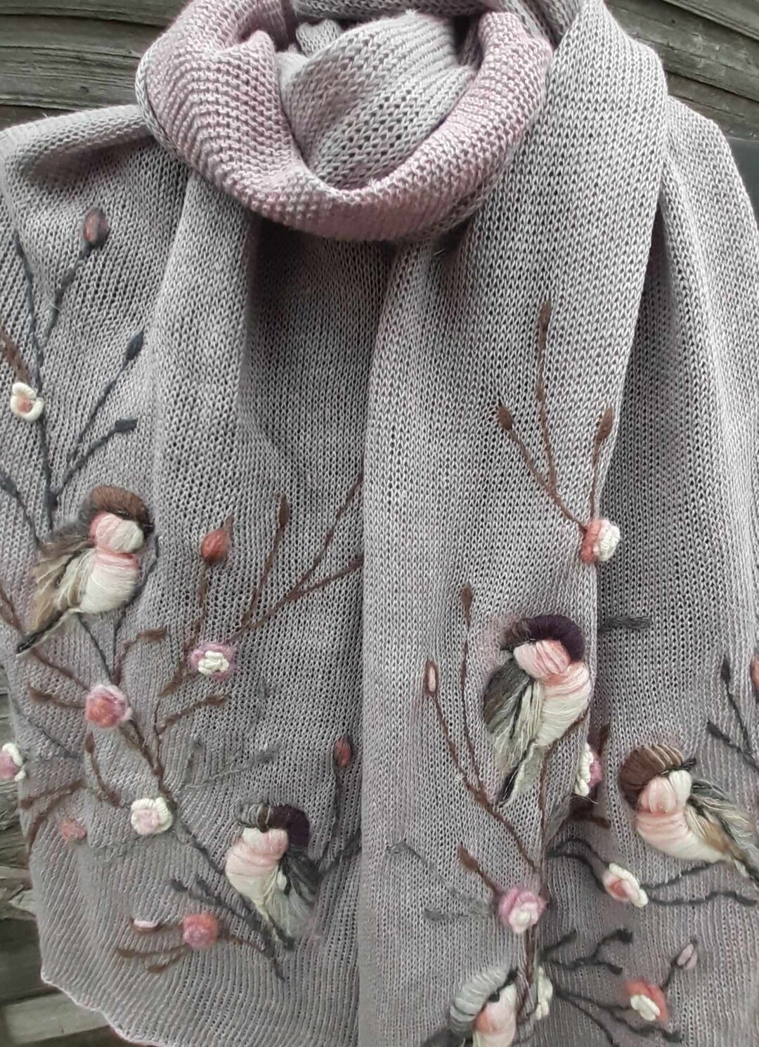 Embroidered Linen Scarf With Birds and Roses,summer Accessories,eco ...