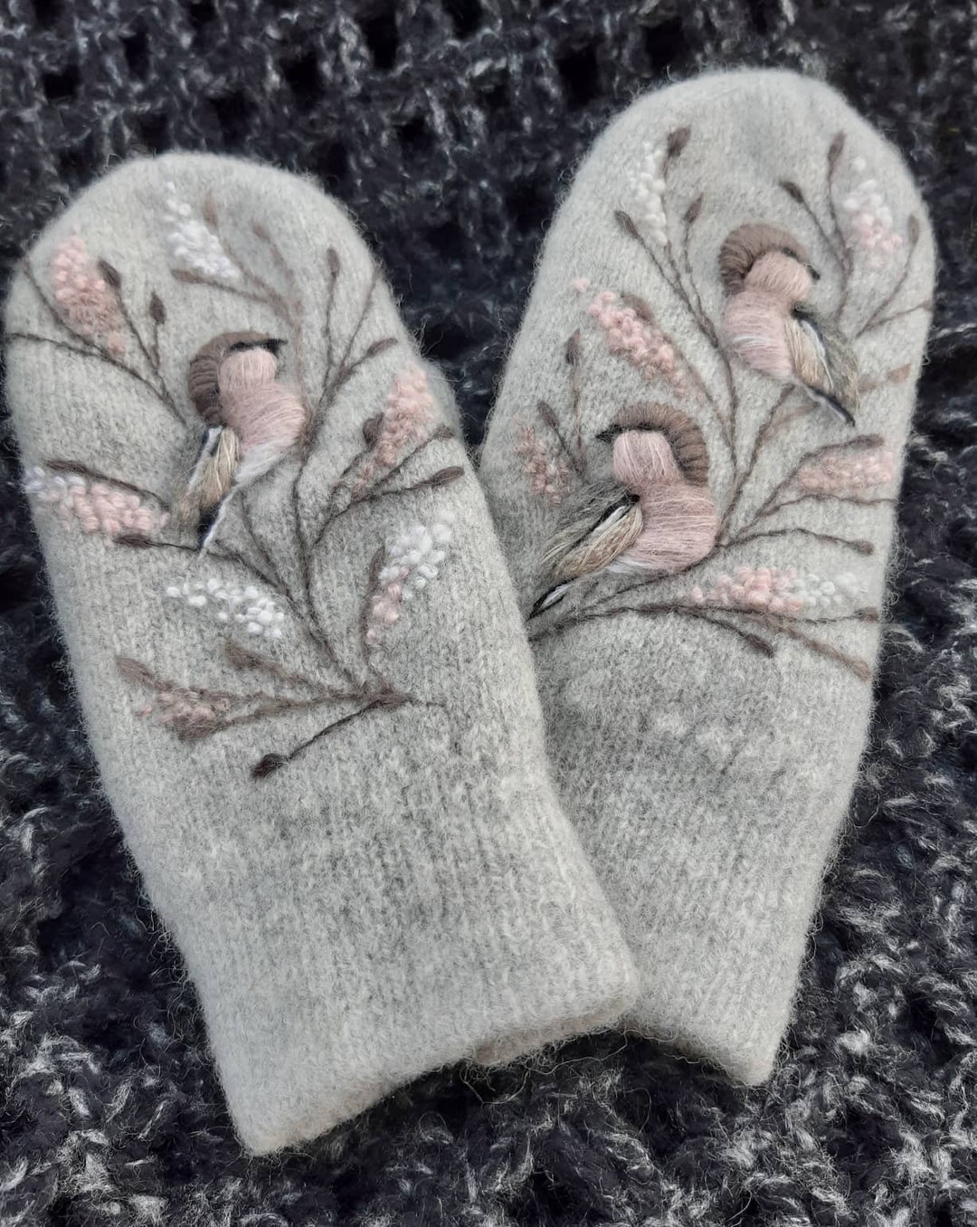 Merino Wool Lined Winter Mittens With Embroidery Bird and Scottish ...