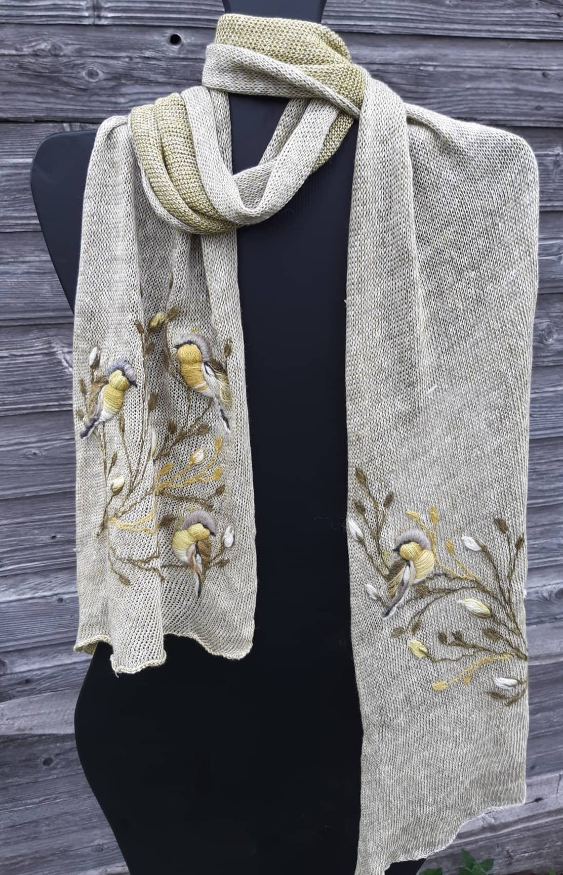 Embroidered Linen Scarf With Birdsspring Accessorieseco - Etsy