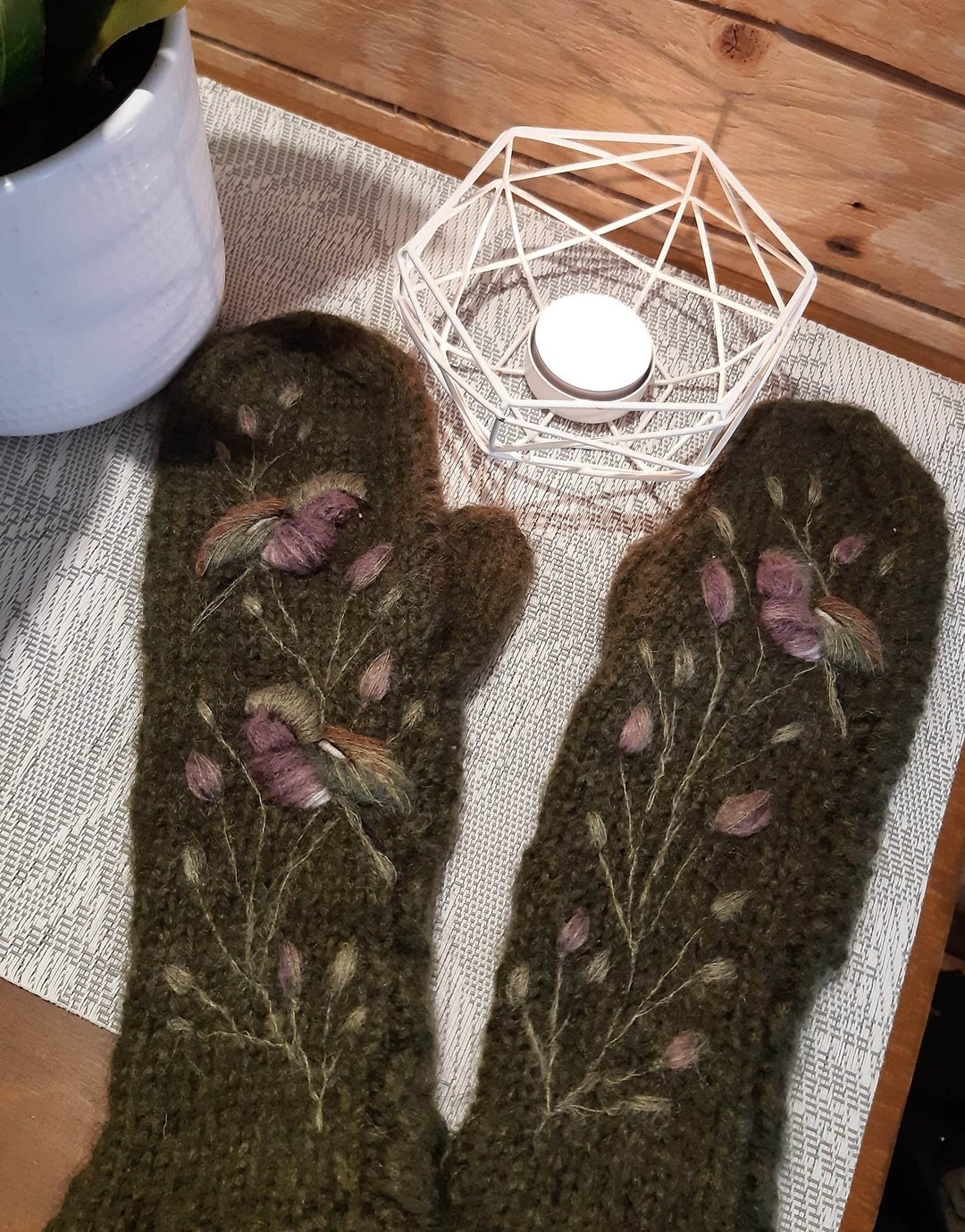 Hand Knitted Merino Wool Mittens With Embroidery Bird,soft and Casual ...