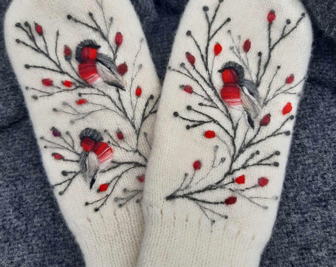 Knitted and Felted Lined Winter Mittens With Embroidery Bird and Roses ...