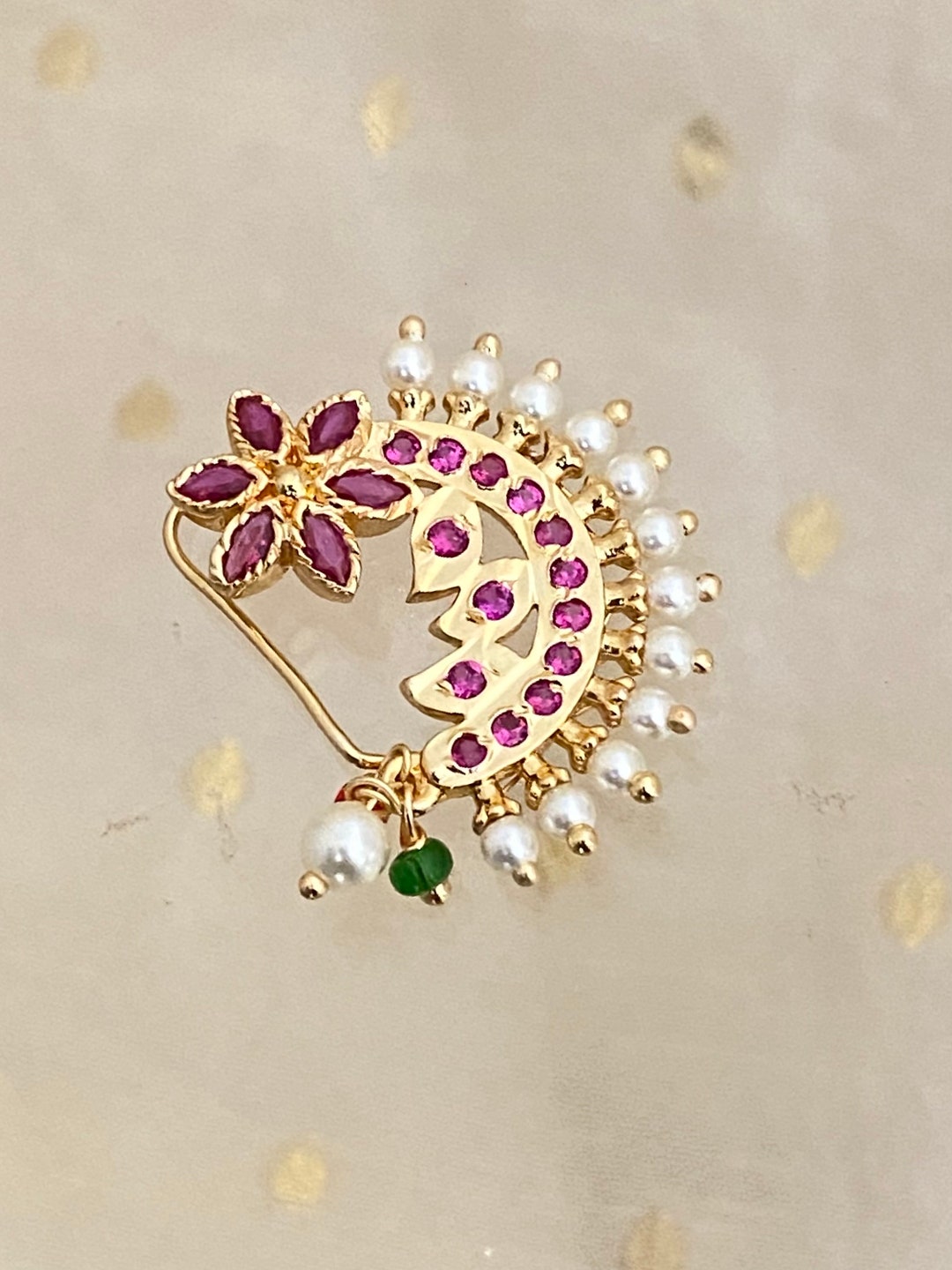 Gold Matte Finish Clip-on Nose Ring, Ruby-green Pearl Nath,indian ...