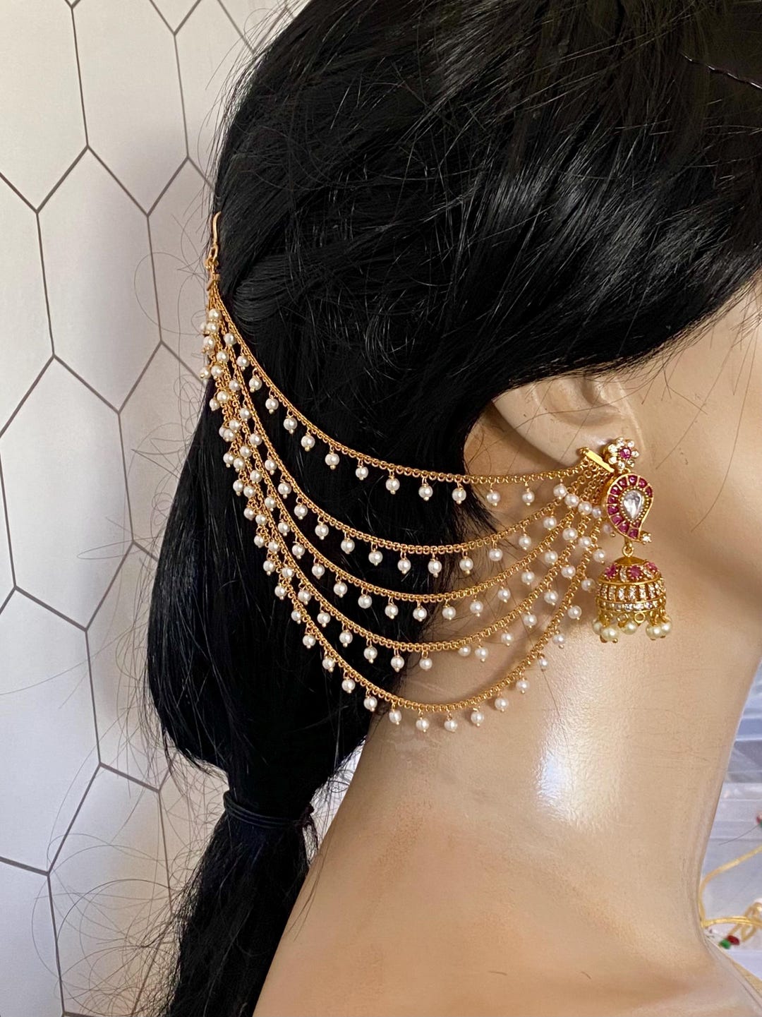 Pearl Ear Chain,kaan Chains,padmavati Style 5-layer Moti Chain,indian ...