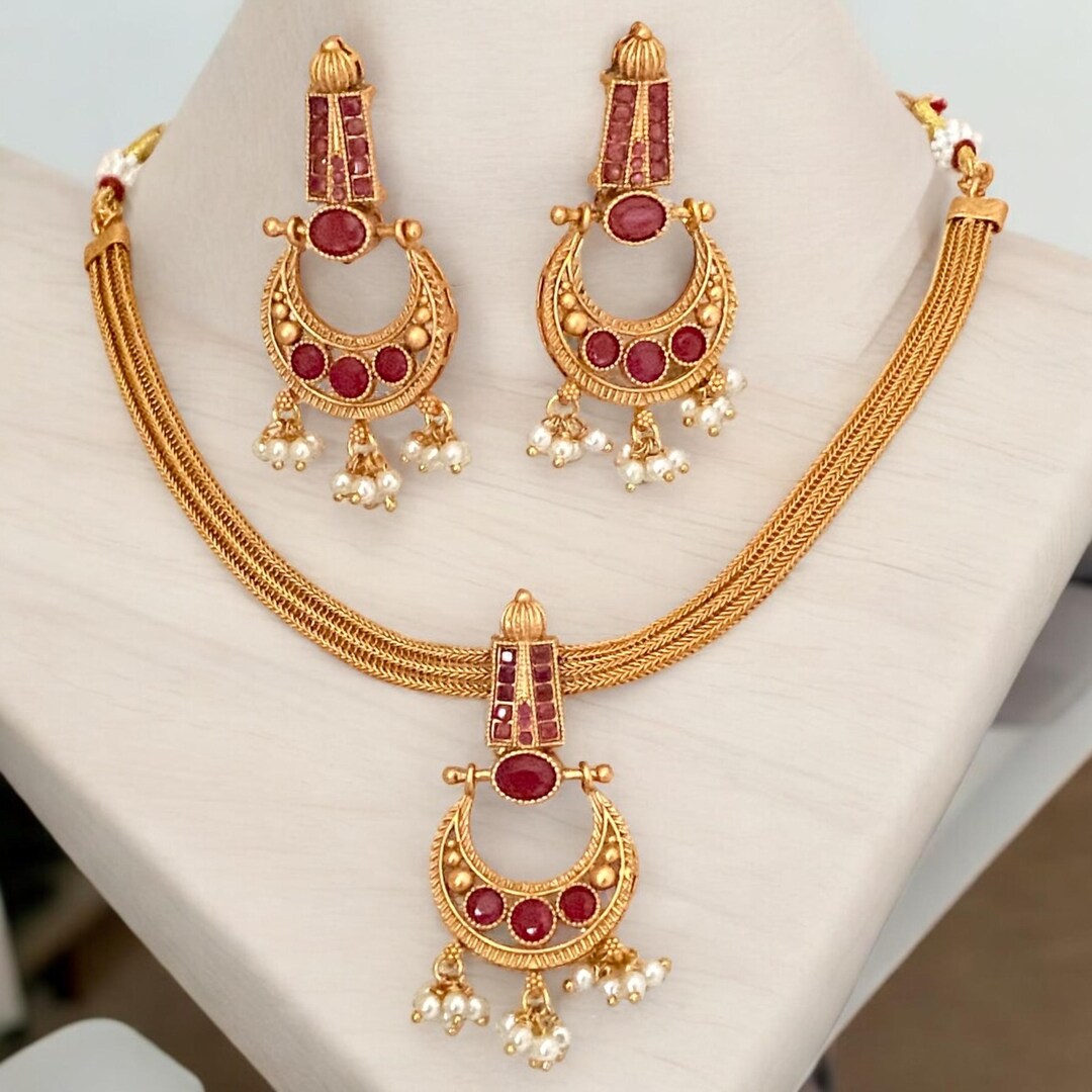 Gold Matte Finish Kemp/kempu Stone Ruby Temple Choker Necklace With ...