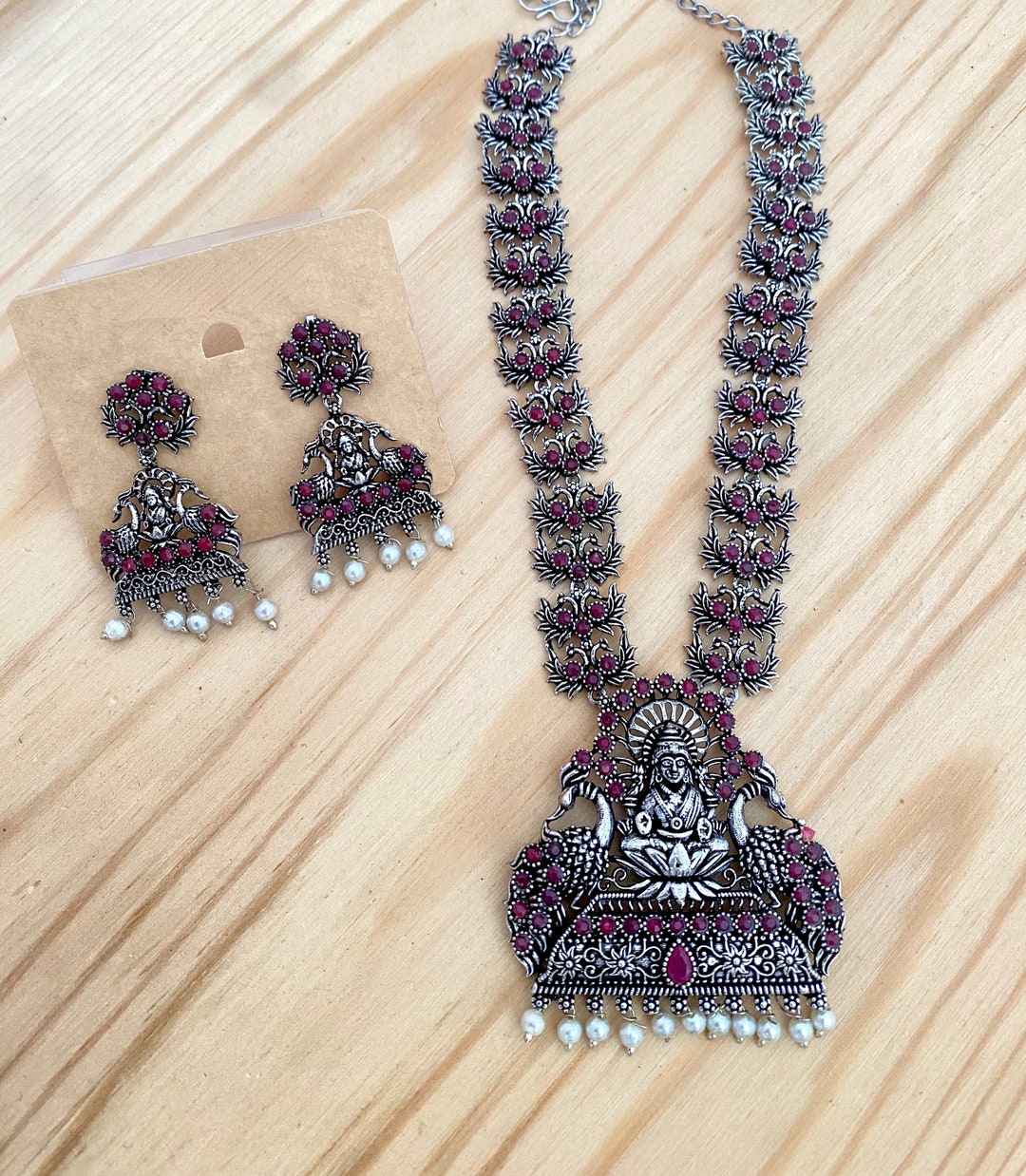 Oxidized Silver Set,temple Pendant Necklace,drop Shaped Earrings,ruby ...