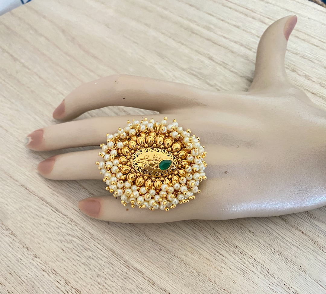 Gold Plated Pearl Finger Ring,adjustable Indian Ring,moti Ring ...