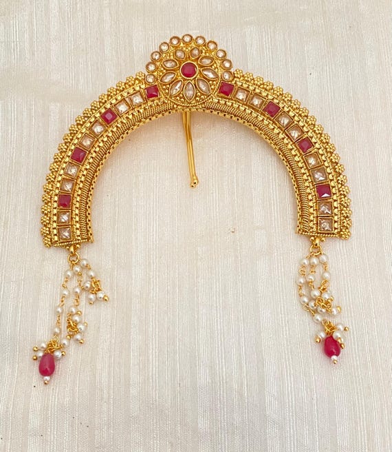 mdbeadworks Hair Bun Ambada Hair Juda Brooch Gold Plated Antique Look Wedding Hair Accessories Bridal Hair Traditional Pin Wedding Maharashtrian Jewelry