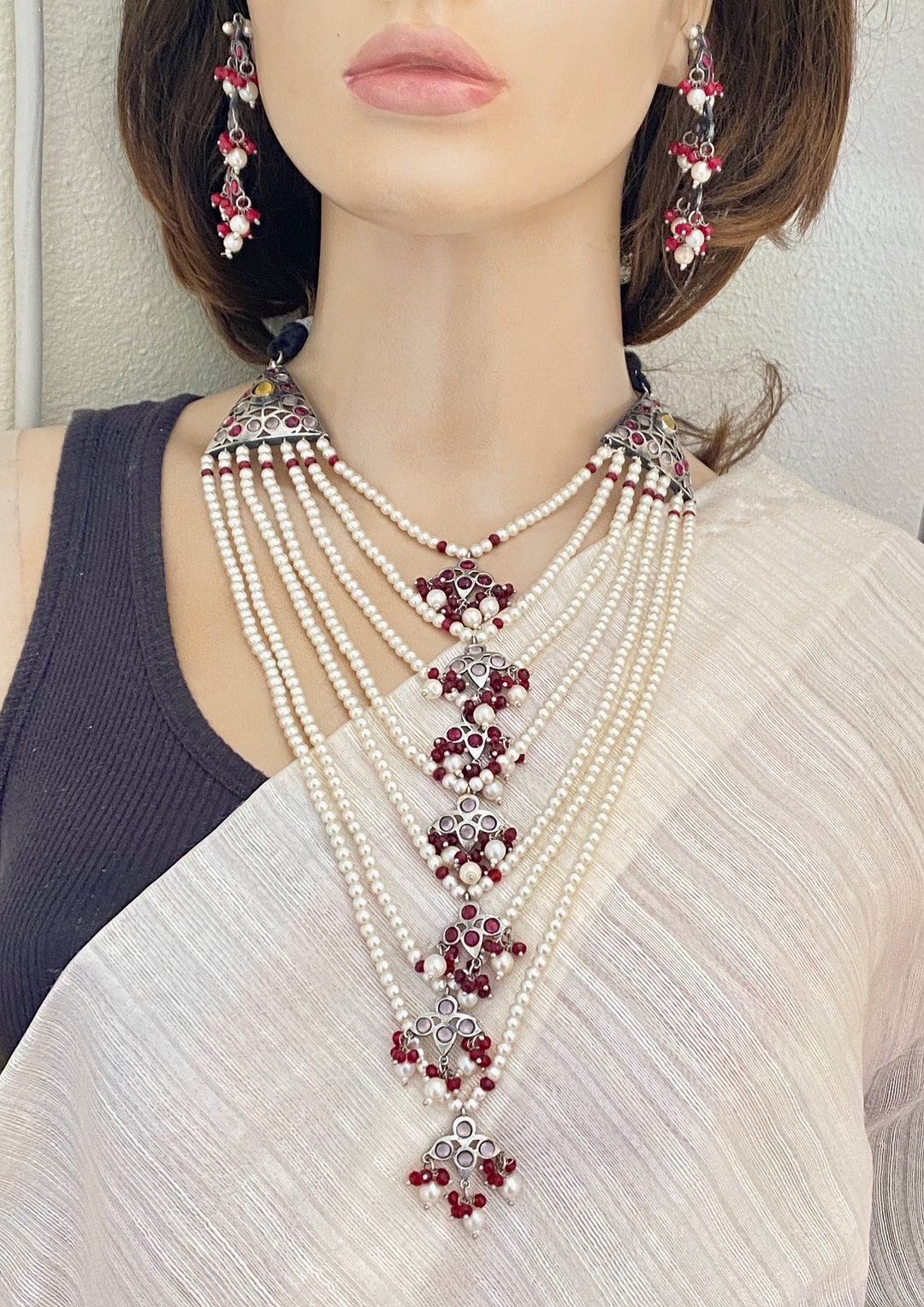 German Silver Pearl Rani Haar Necklace,dangle Earrings,long Mala Pearl ...