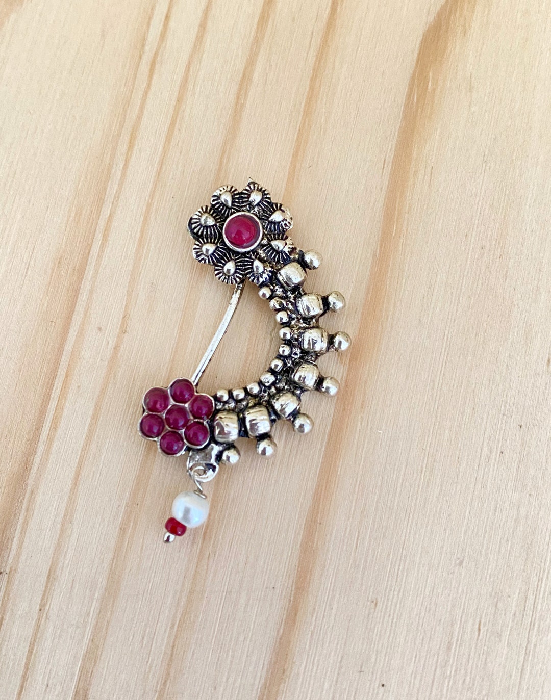 Silver Oxidized Finish Clip-on Nose Ring, Ruby-pearl Pressed Nath ...